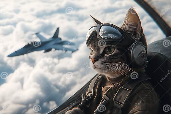 A Cat Pilot in a Cockpit with a Fighter Jet in the Background Stock ...