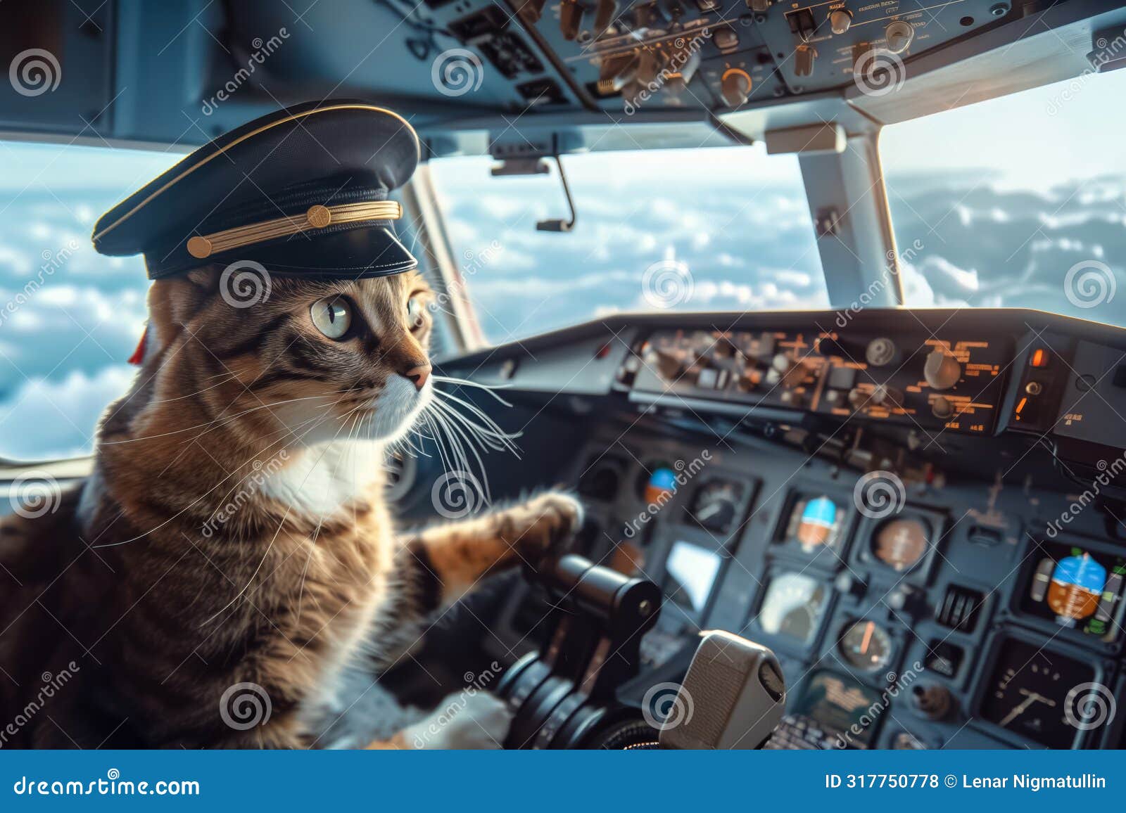 Cat Pilot in Cockpit Flying Above the Clouds Stock Photo - Image of ...