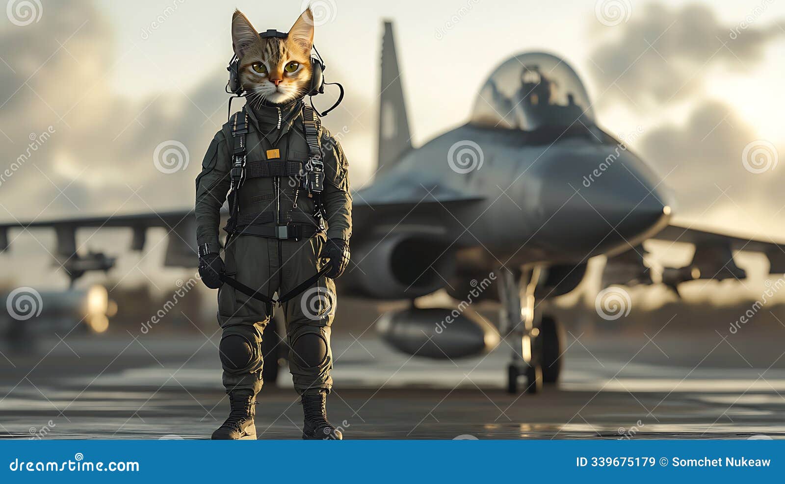 A Cat in a Pilot Suit Standing in Front of a Fighter Jet Stock ...