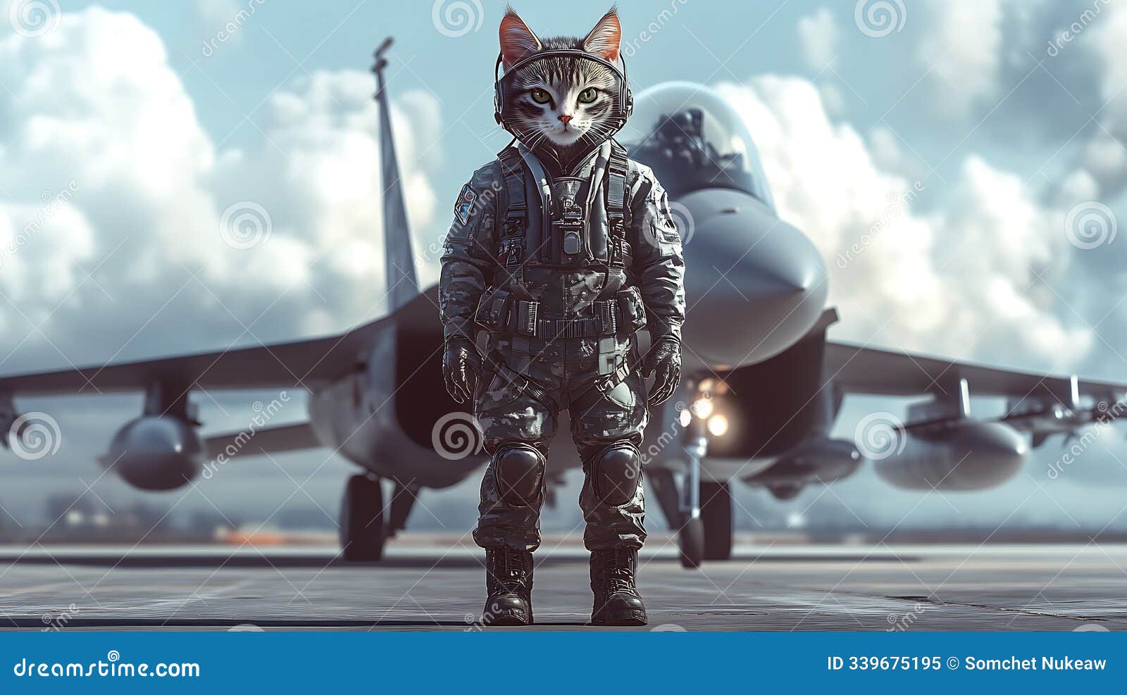 A Cat in a Pilot Uniform Stands before a Fighter Jet Stock Illustration ...