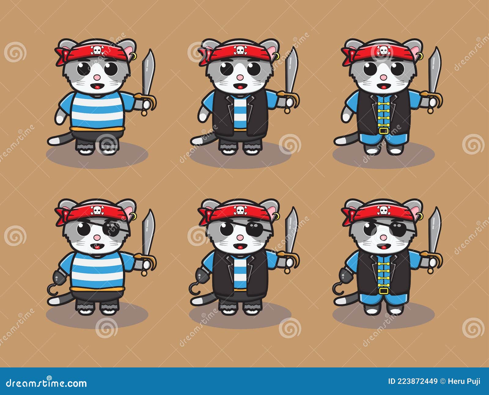 Cute Little Cat Pirate with Headband Cartoon Set Stock Vector ...