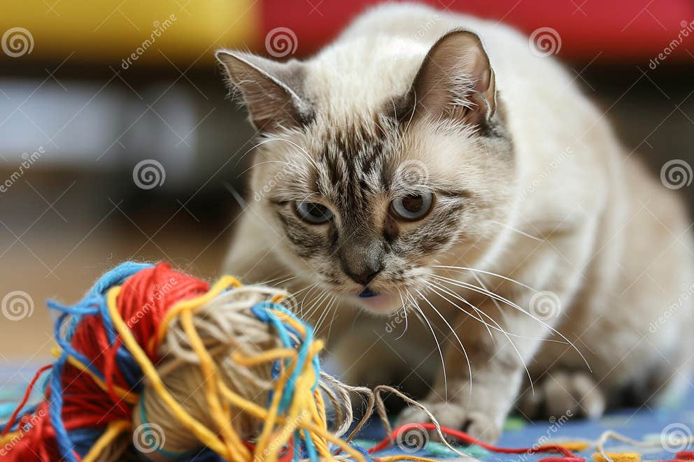 Cat Playing with a Ball of Yarn, Tangles Everywhere Stock Image - Image ...