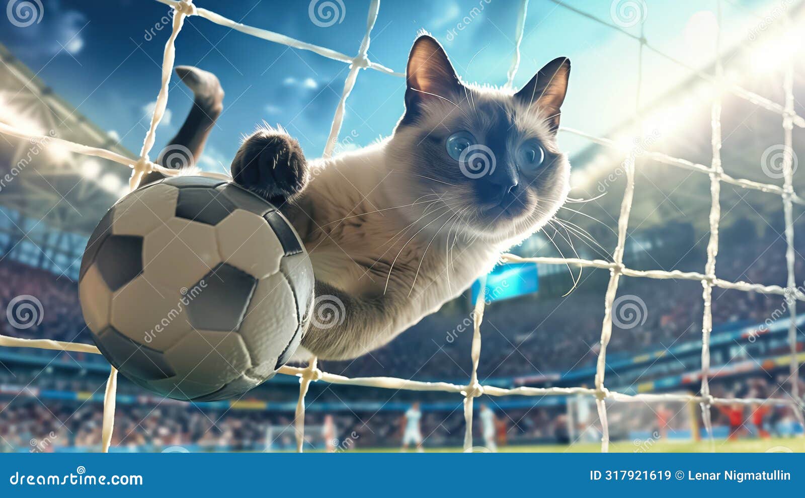 Cat Playing with a Soccer Ball in a Goal Net at a Stadium Stock Image ...