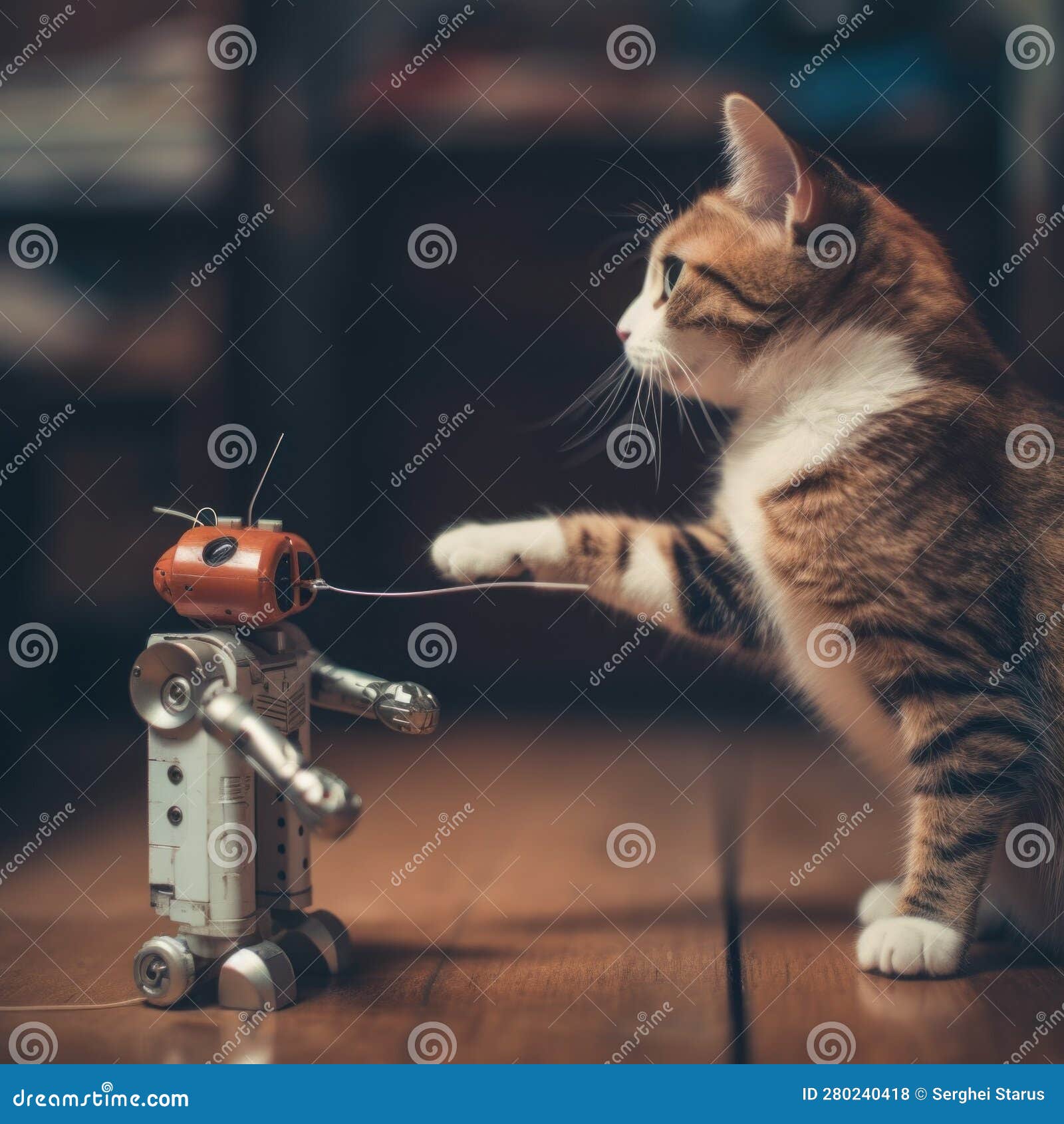 A Cat Playing with a Toy Robot on a Table. Generative AI Image. Stock ...