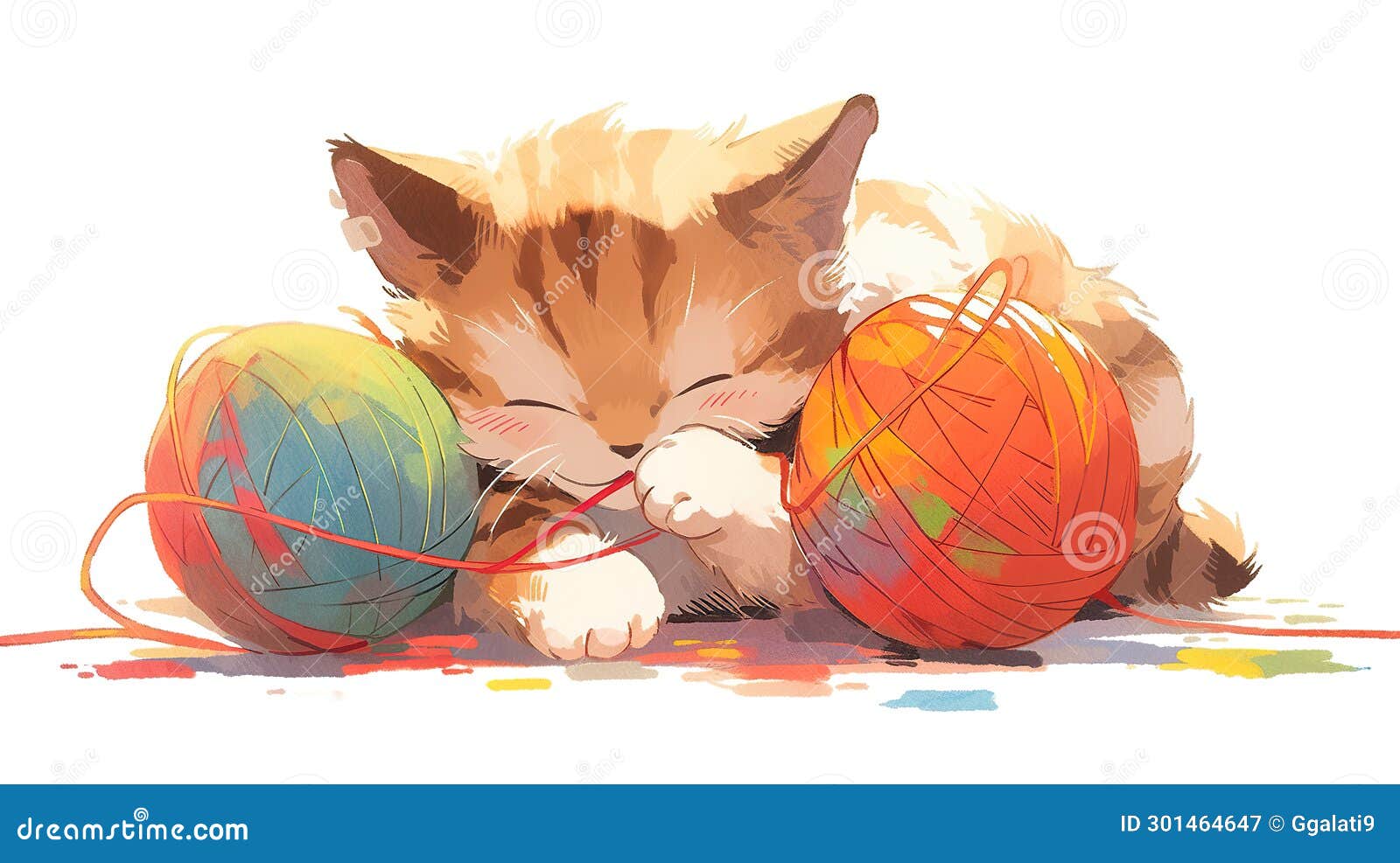 A Cat Playing with Wool, Anime Artwork Stock Illustration ...