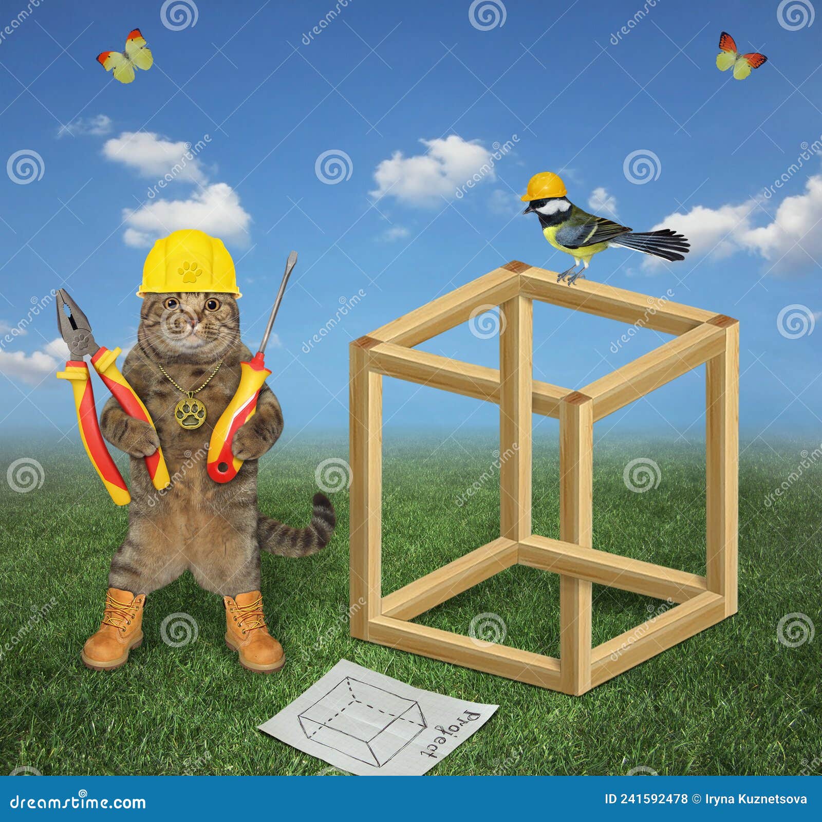 Cat with Plier and Screwdriver Near Cube Stock Photo - Image of concept ...