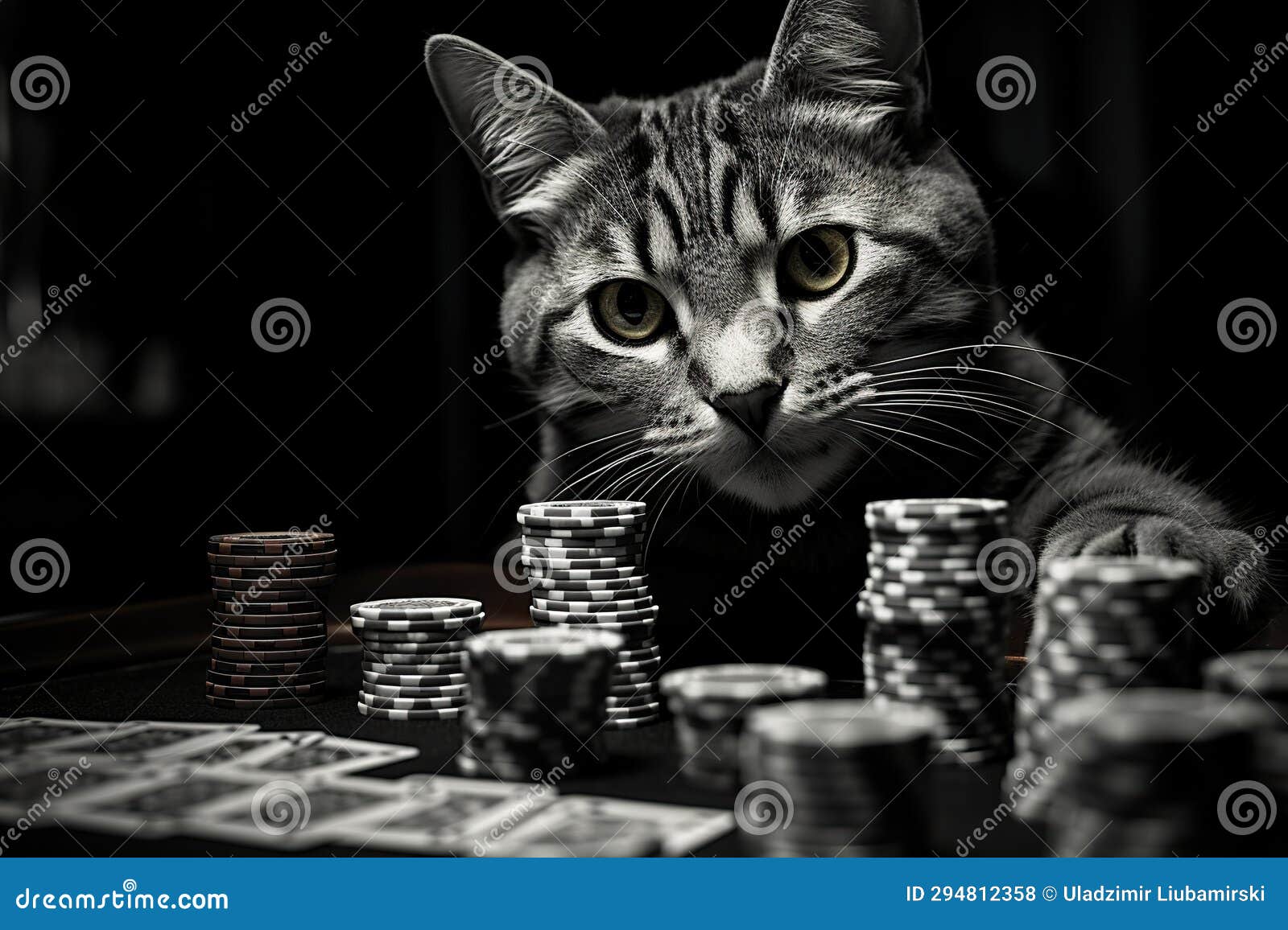 A Cat at a Poker Table with Stacks of Chips in Black and White ...