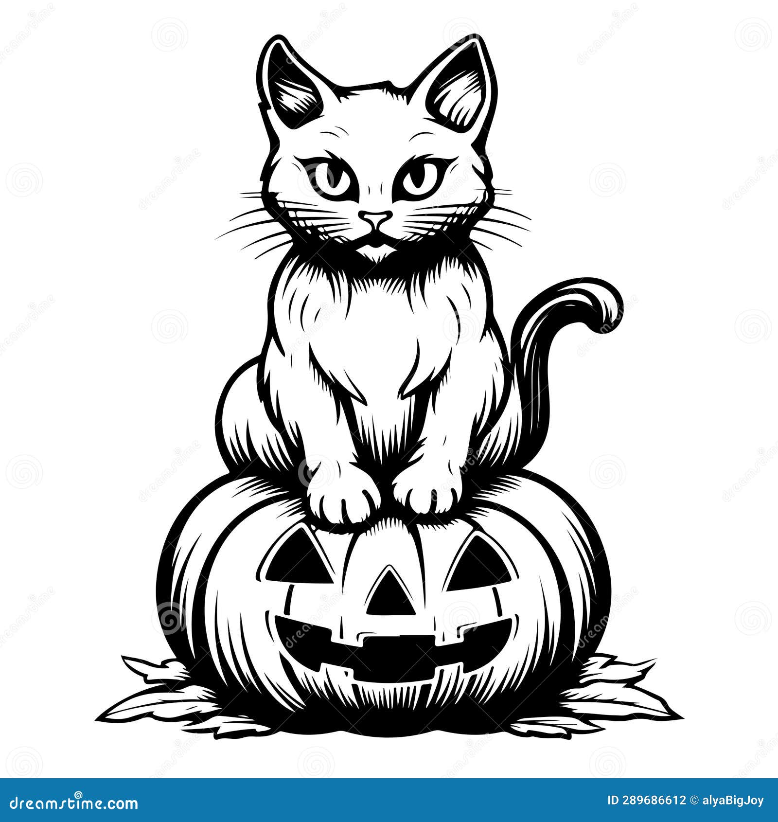 Cat with Pumpkin Hand Drawn Sketch Halloween Vector Illustration Stock ...