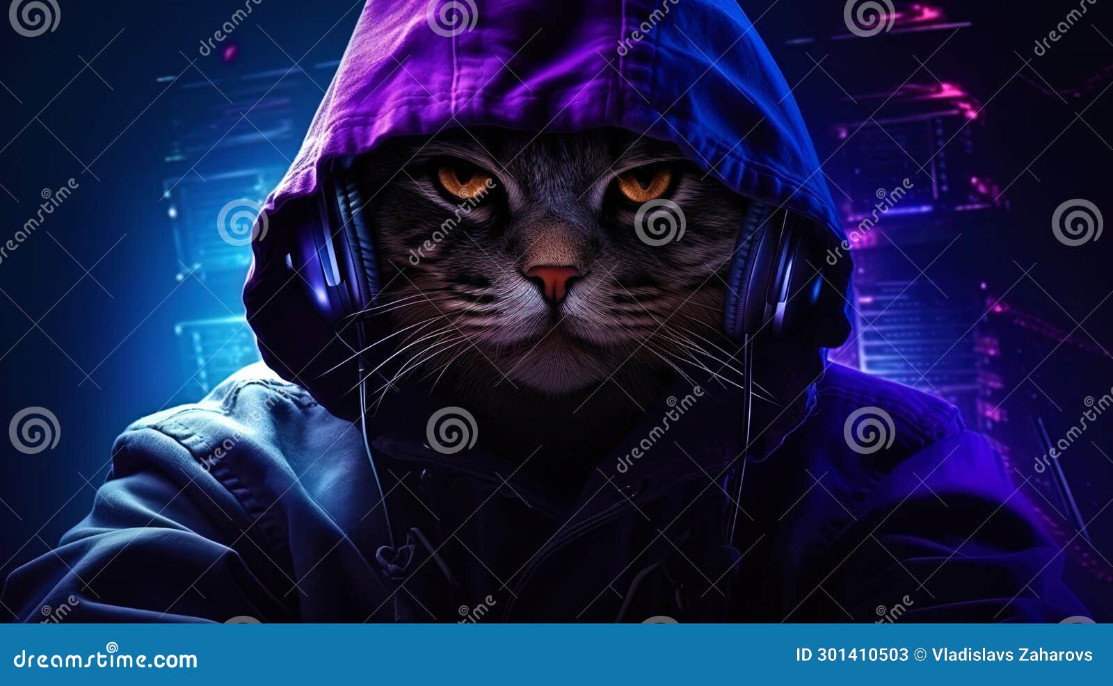 A Cat with a Purple Hat and in a Hacker Costume, Creating Digital ...