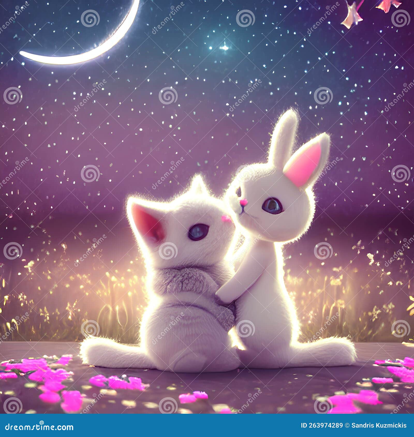 A Cat and a Rabbit Hug Each Other. Moon and Stars in the Background ...
