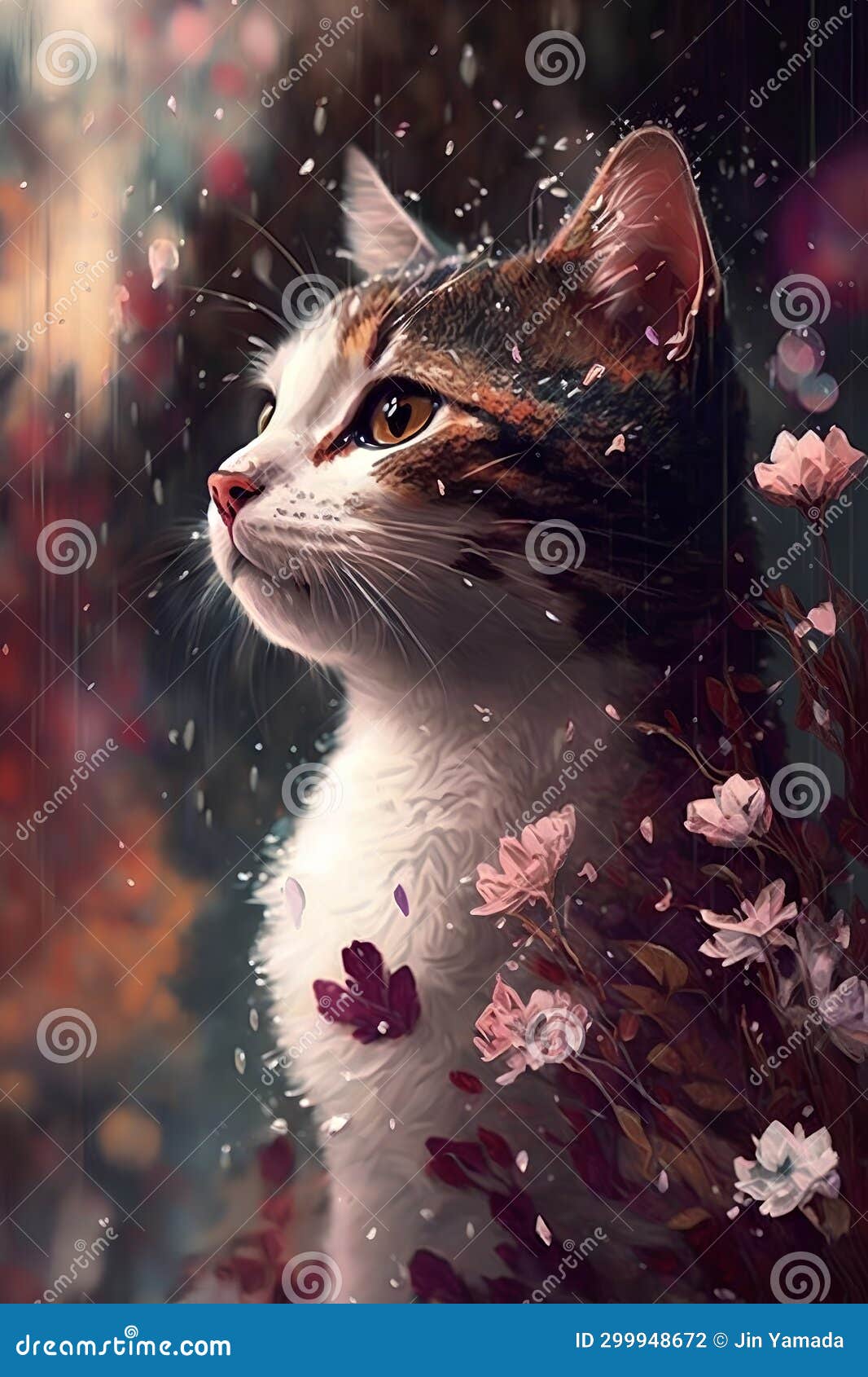 Cat in the Rain on a Background of Flowers. Digital Painting Stock ...