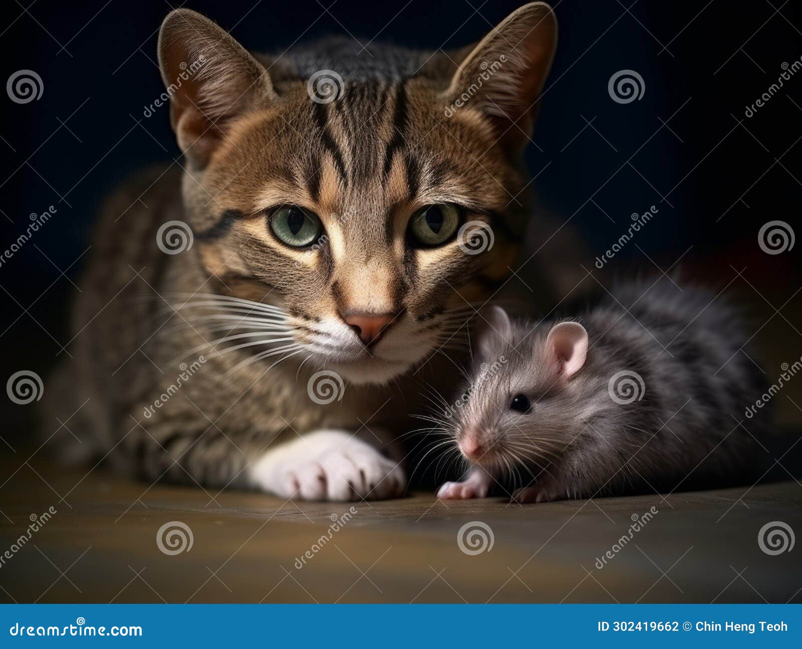Cat and Rat on a Dark Background. the Concept of Pets Stock ...
