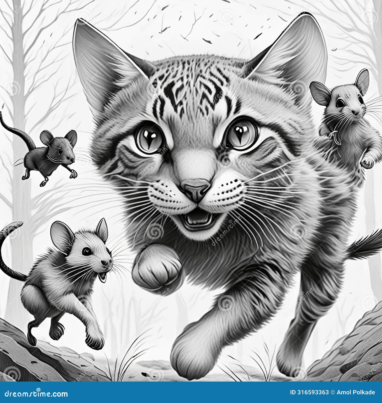A Cat and Rats Running Front View Black and White Illustration Stock ...