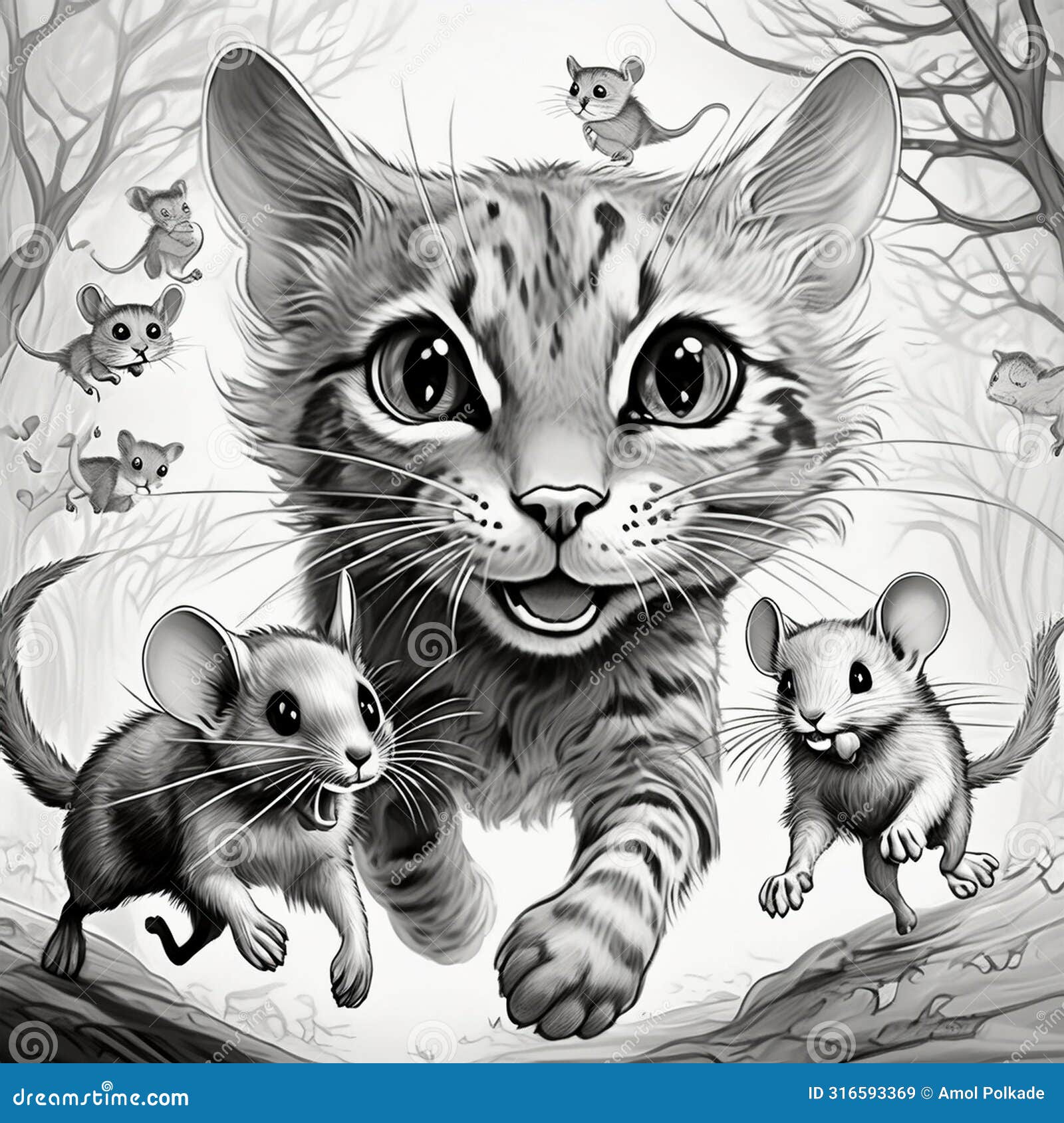 A Cat and Rats Running Front View Black and White Illustration Stock ...