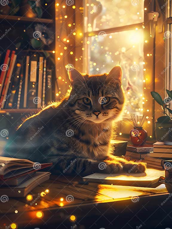 Cat Reading a Book. Kitten is Learning and Studying Stock Illustration ...