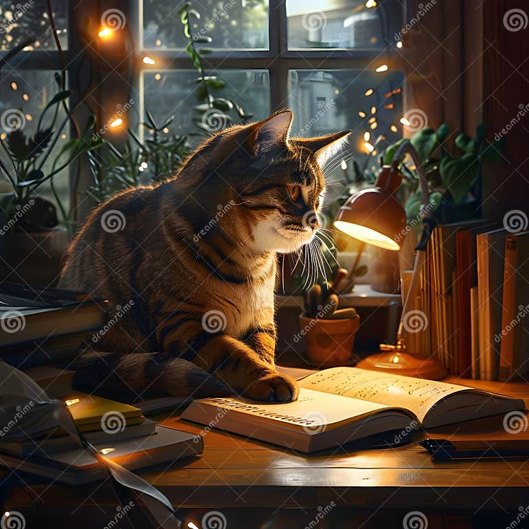 Cat Reading a Book. Kitten is Learning and Studying Stock Illustration - Illustration of ...