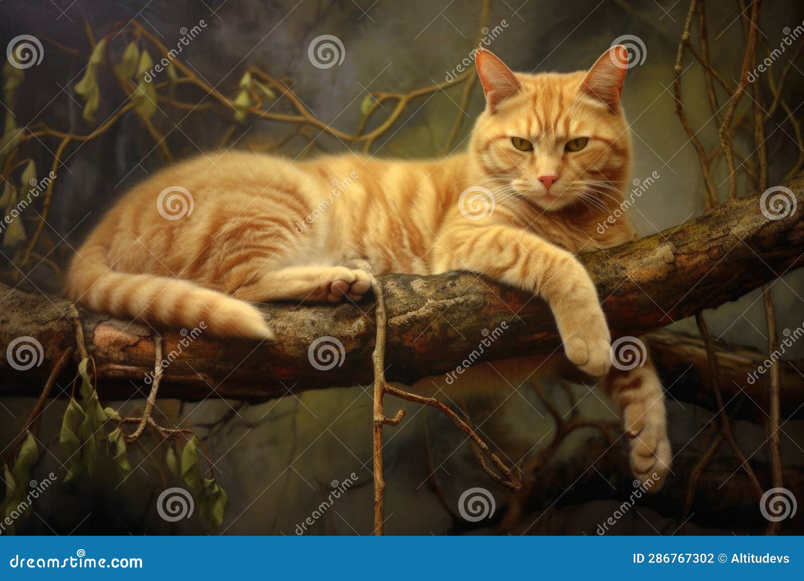 Cat Resting on Tree Branch with Tail Dangling Stock Illustration ...