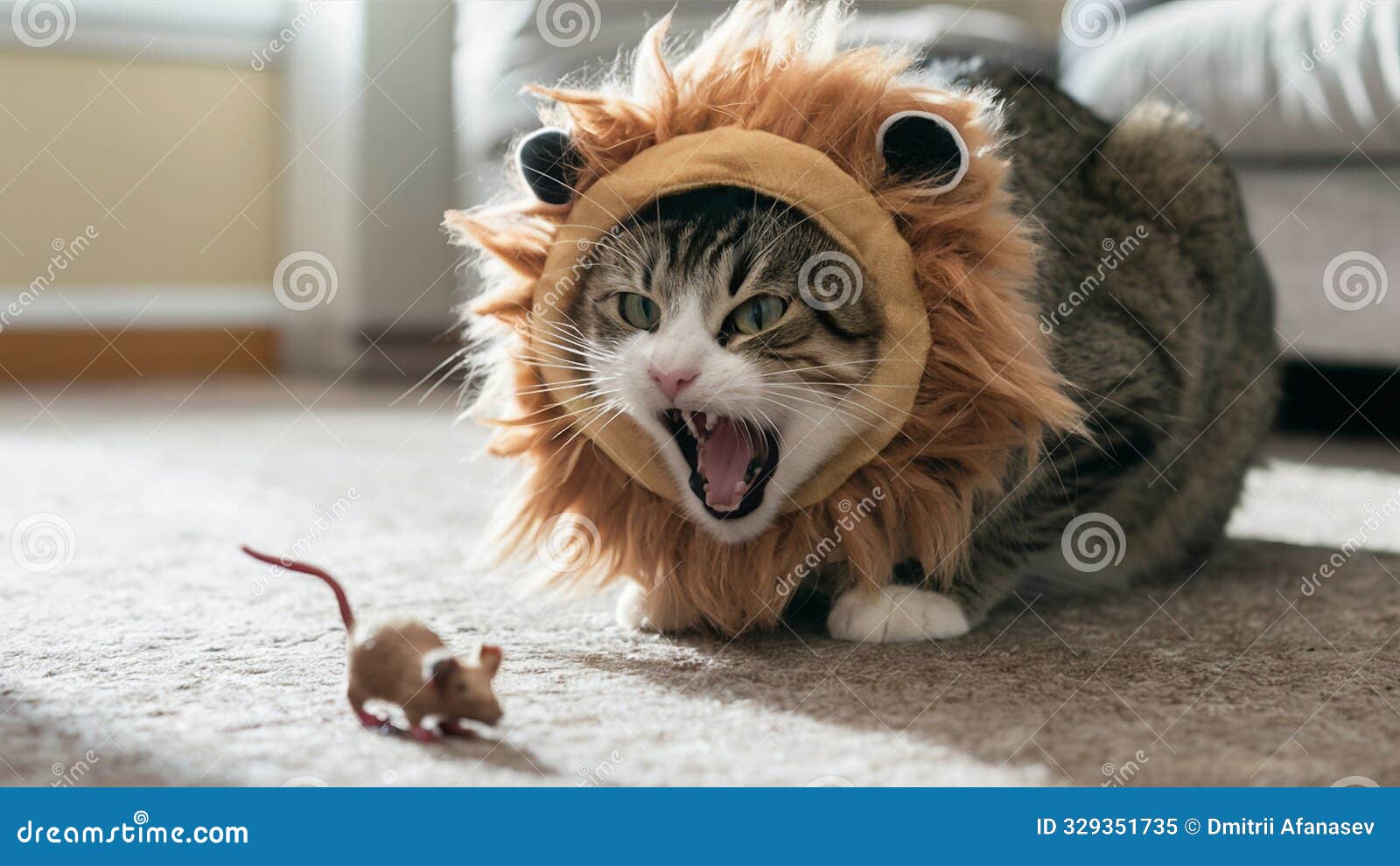 Cat Roaring in Lion Mane Costume at Toy Mouse Stock Illustration ...