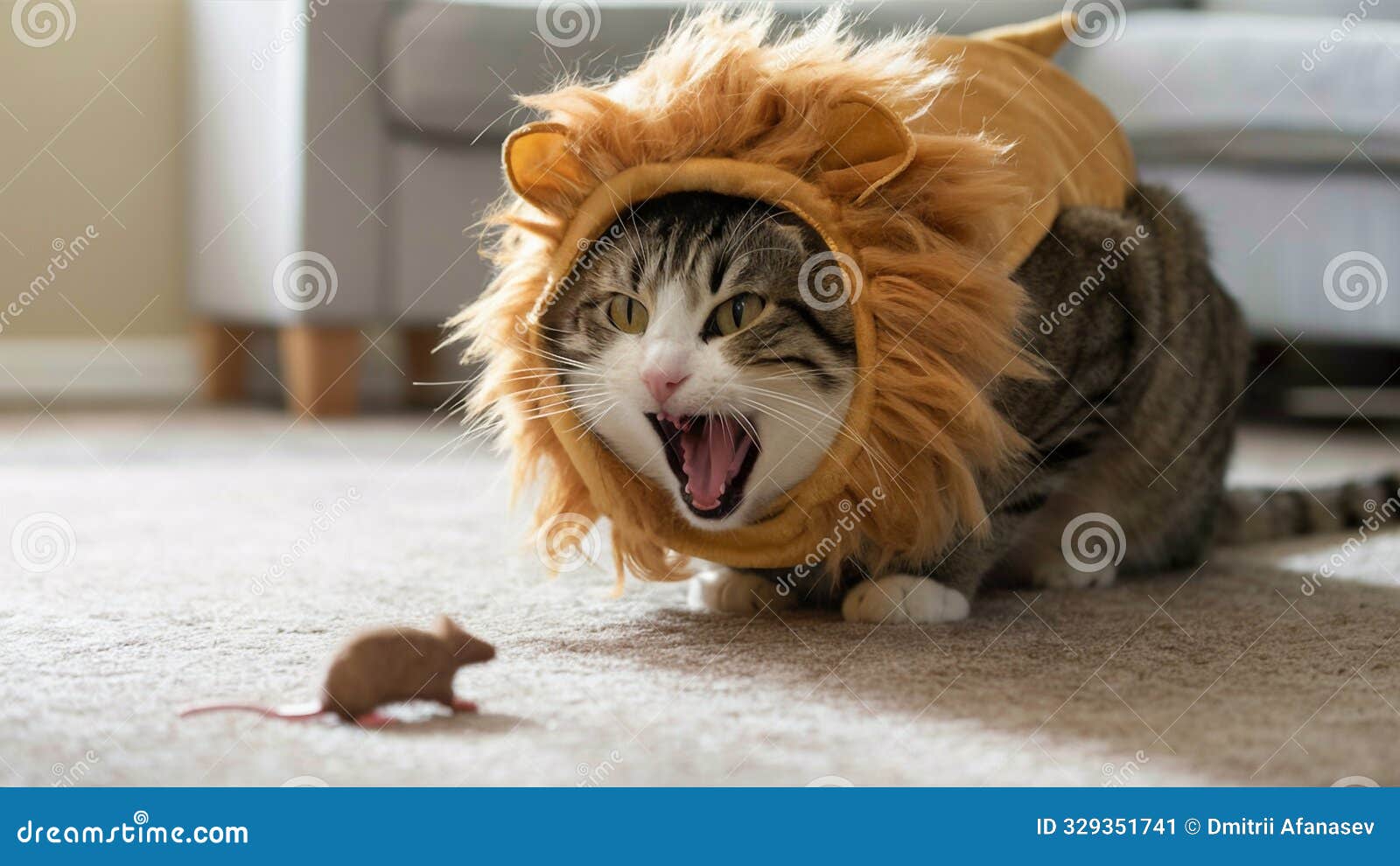 Cat Roaring in Lion Mane Costume at Toy Mouse Stock Illustration ...