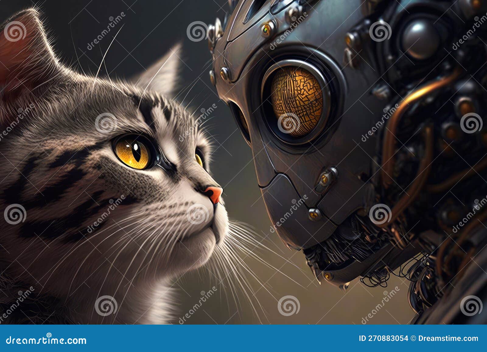 Cat and Robot Looking at Each Other. Generative AI Stock Illustration ...