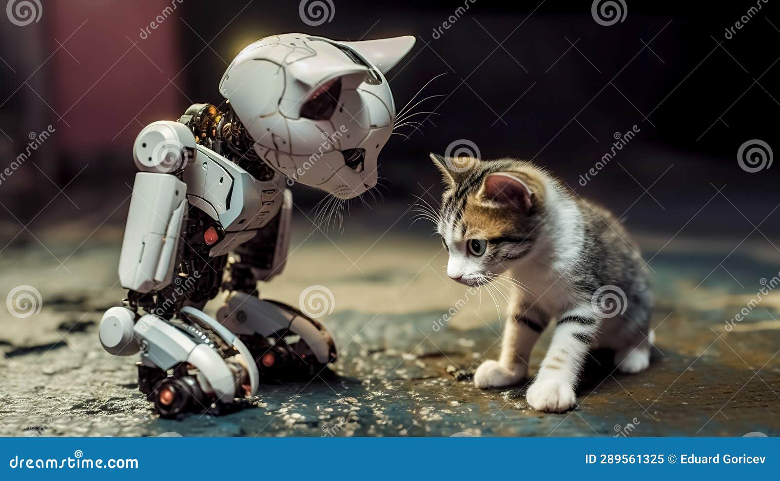 Cat and Robot on the Street, Sci-fi Picture Stock Illustration ...