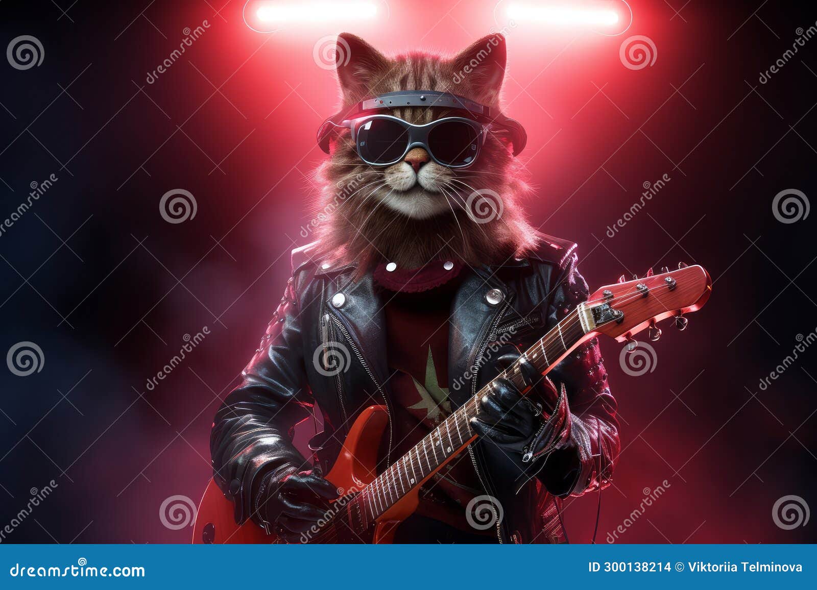 Cat Rock Star with Guitar on Stage, Neon Background Stock Photo - Image ...