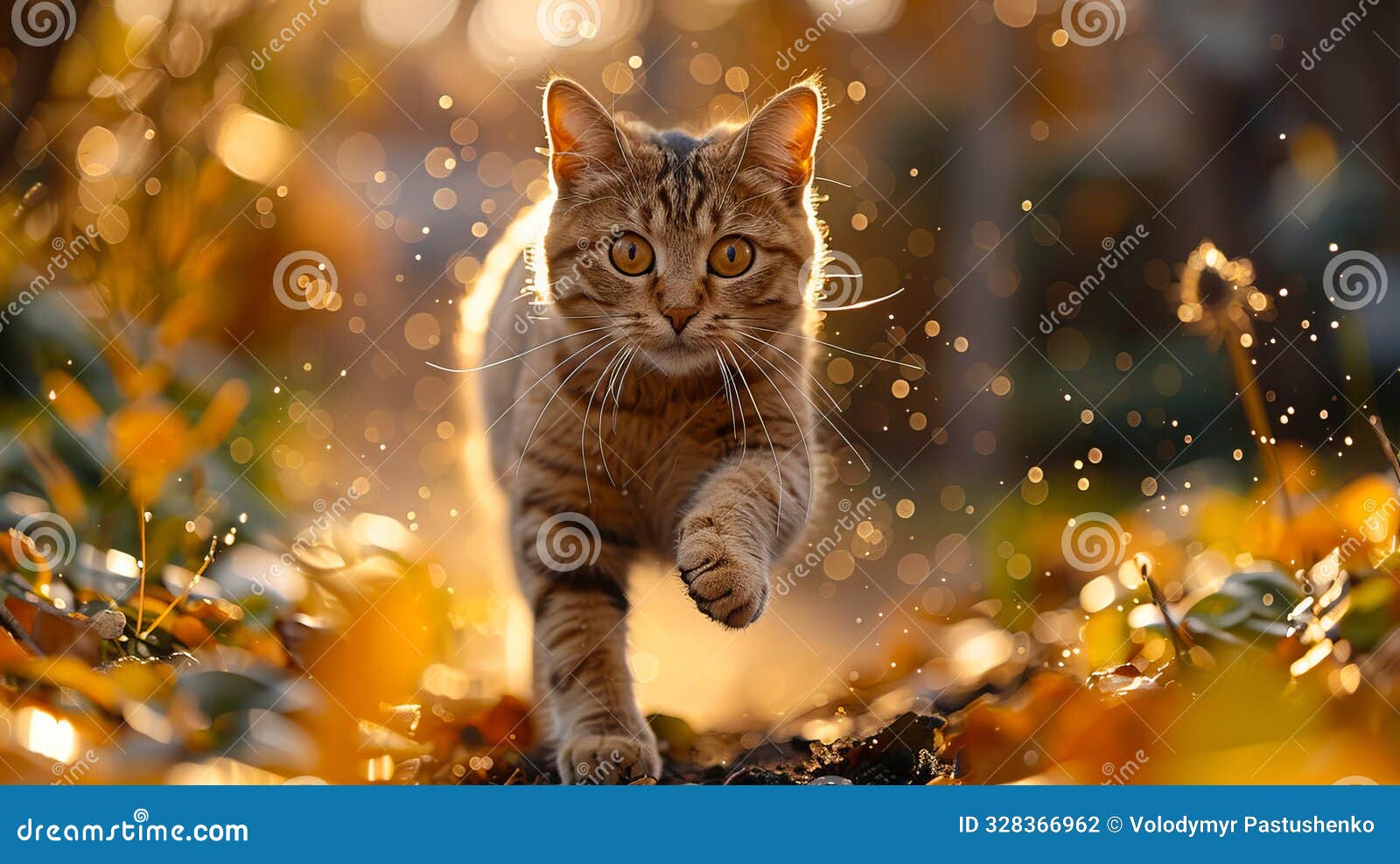 A Cat Running through a Field of Leaves in the Sunlight Stock Photo ...