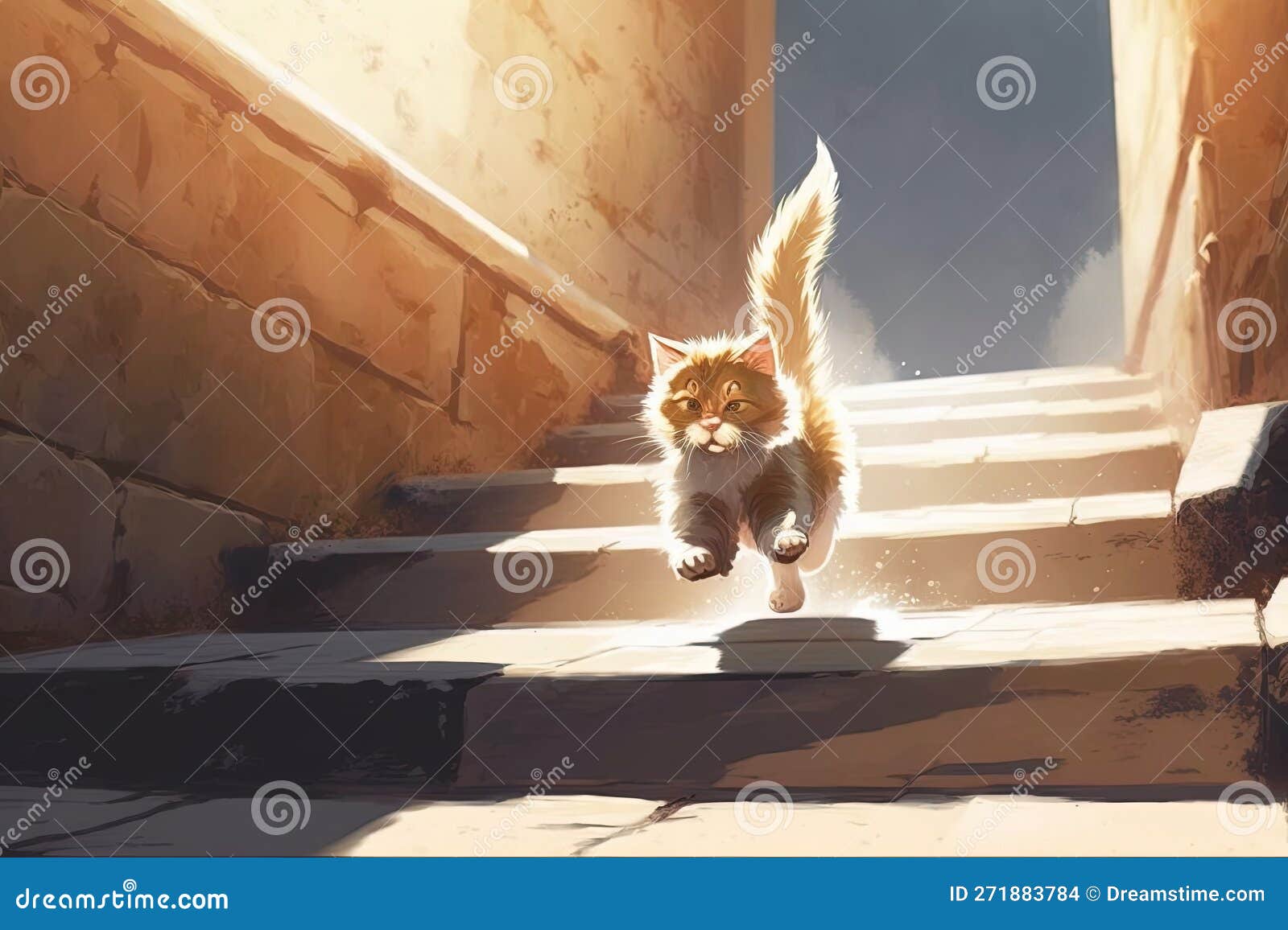 Cat Running on the Stairs. Generative AI Stock Illustration ...