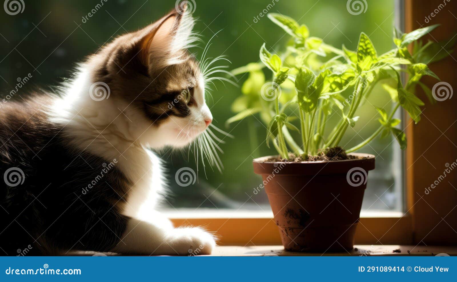 Cat S Chat with a Potted Plant Stock Illustration - Illustration of ...