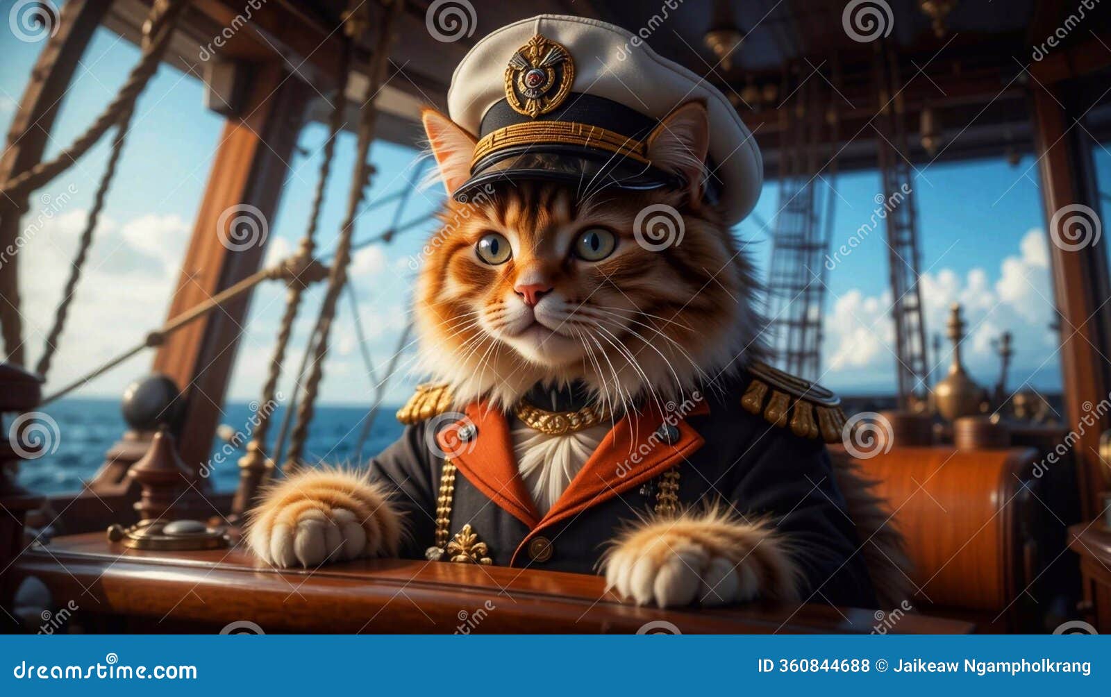 Cat Sailor on the Deck of a Sailing Ship. Sea Background Stock Photo ...