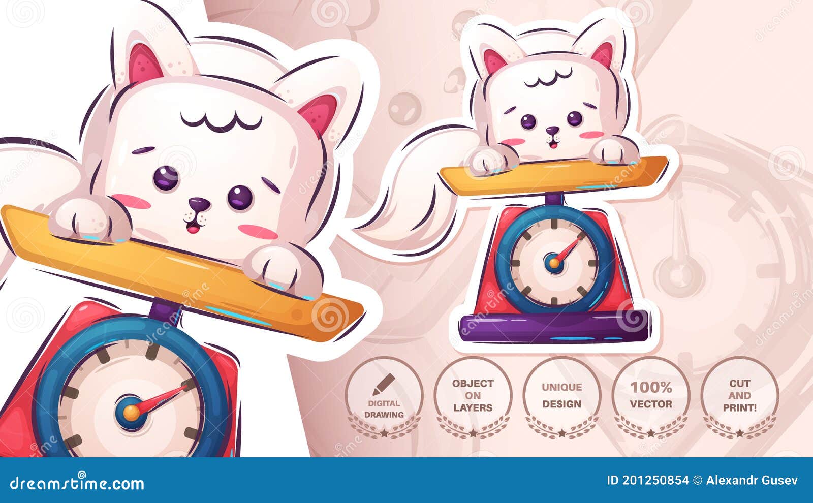 Cat in the Scales - Cute Sticker Stock Vector - Illustration of baby ...