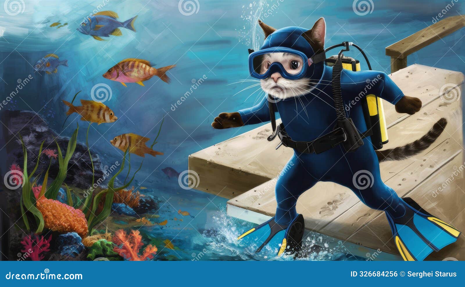A Cat in Scuba Gear and Diving Mask Standing on a Dock, AI Stock ...