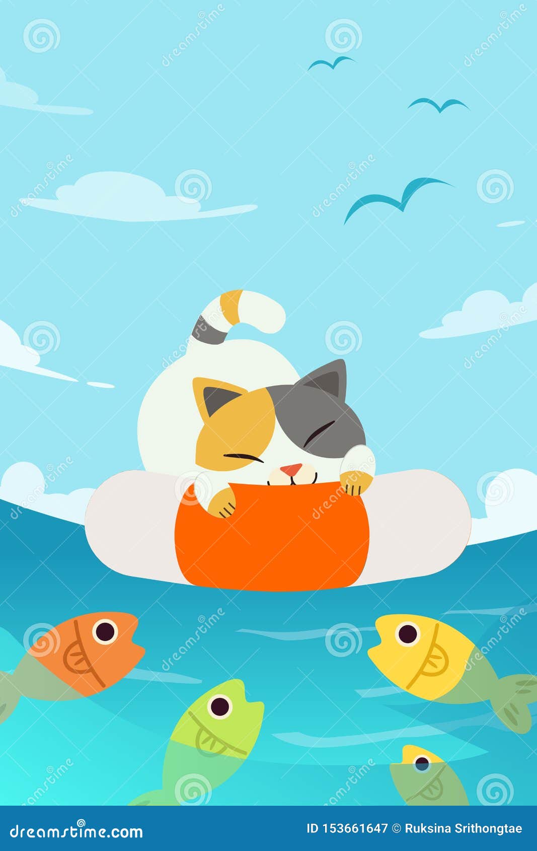 Cat on the Sea Happy with a Fish Stock Illustration - Illustration of ...