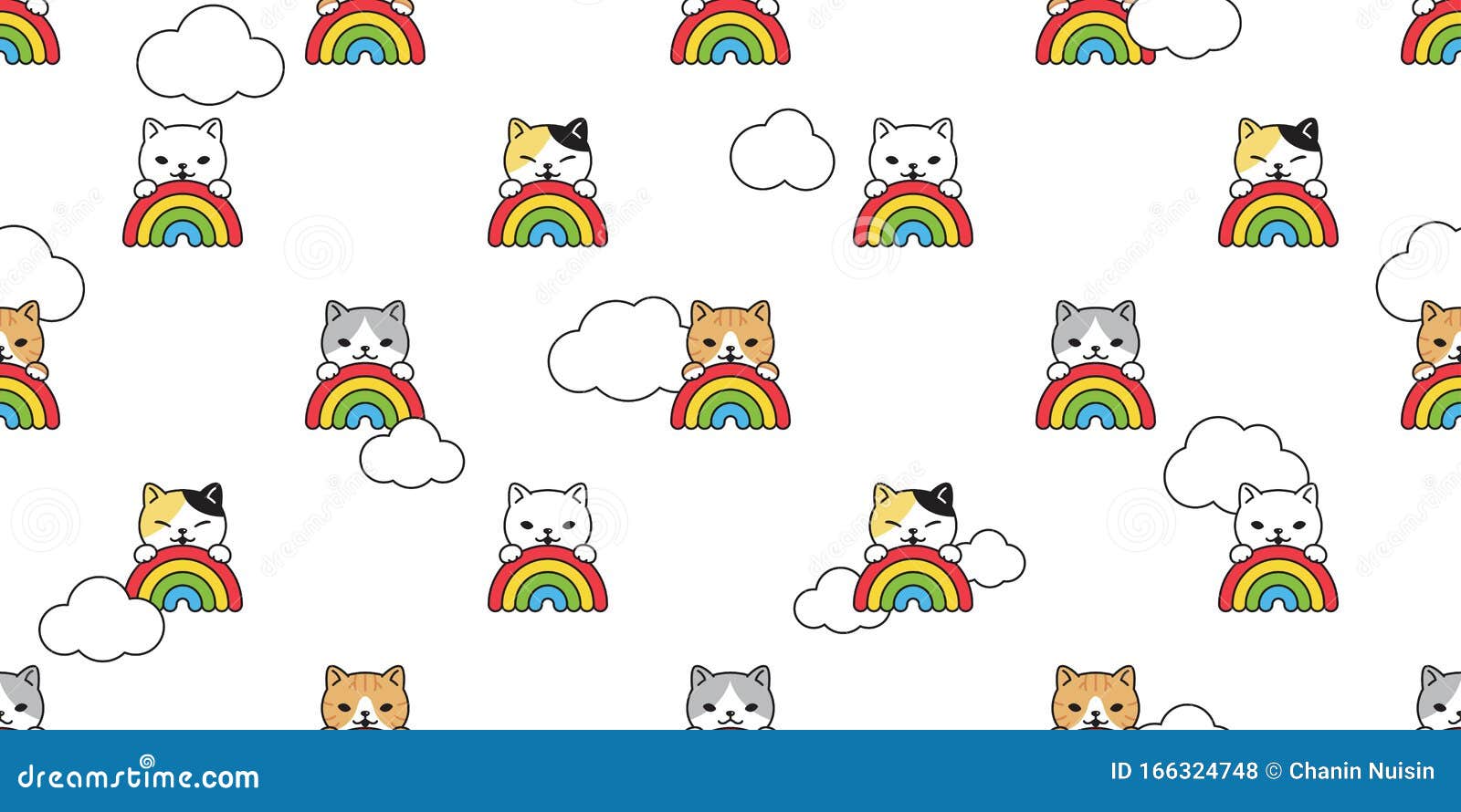 Cat Seamless Pattern Rainbow Vector Kitten Cloud Scarf Isolated Repeat ...