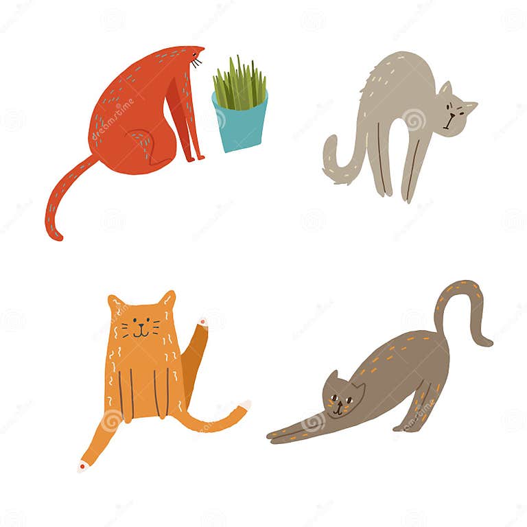 Cat Set Vector Arching Back Sitting With Grass Leg Up Stretching