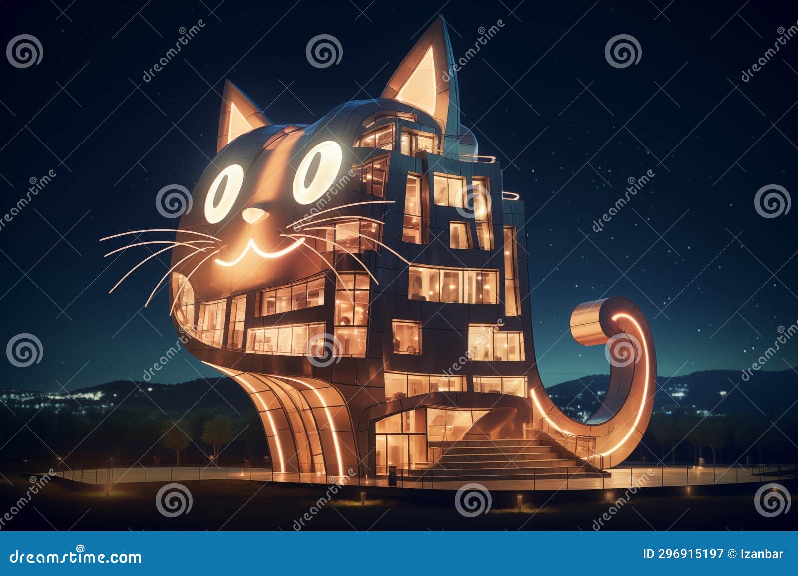 Cat Shape Illuminated Building at Night Illustration Stock Illustration ...