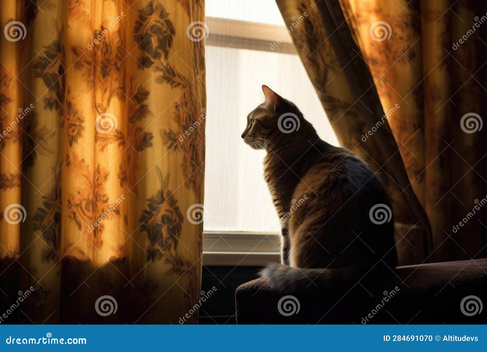 Cat Silhouette Perched on Window Sill Behind Curtain Stock Photo ...