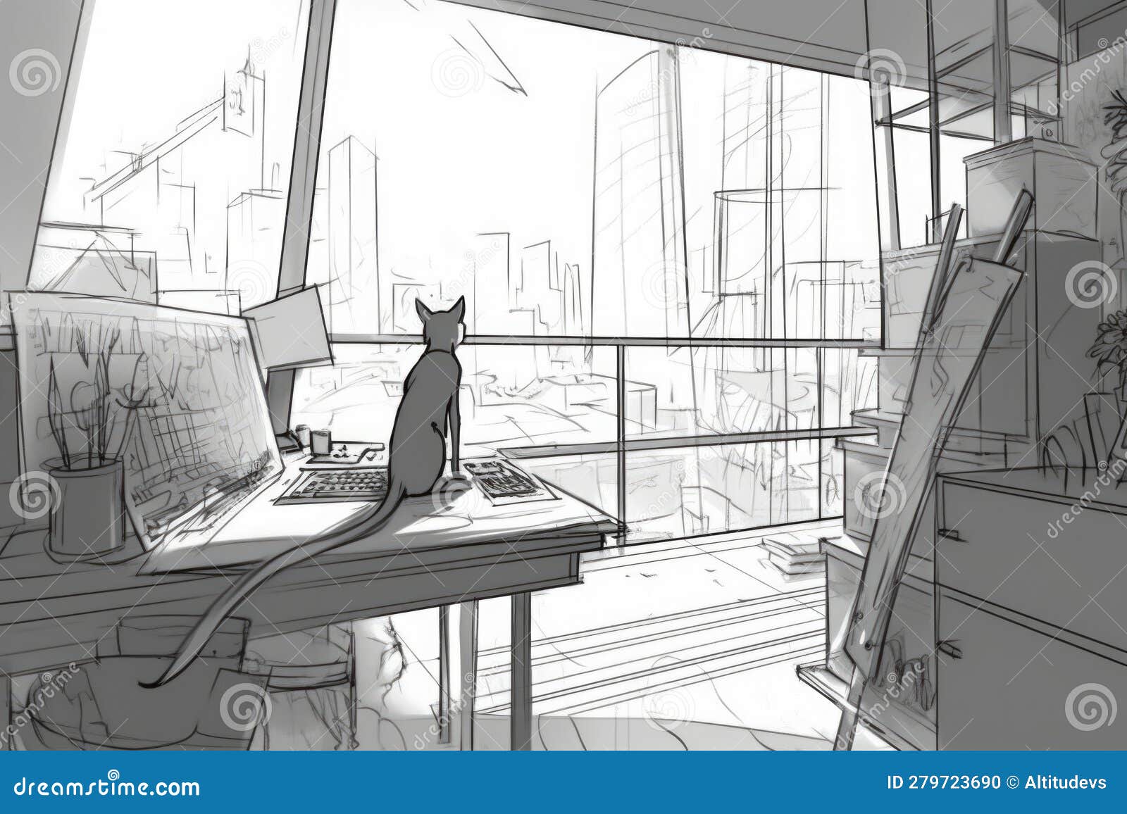 Cat Sits at Drafting Table, Sketching Out the Design for Futuristic ...