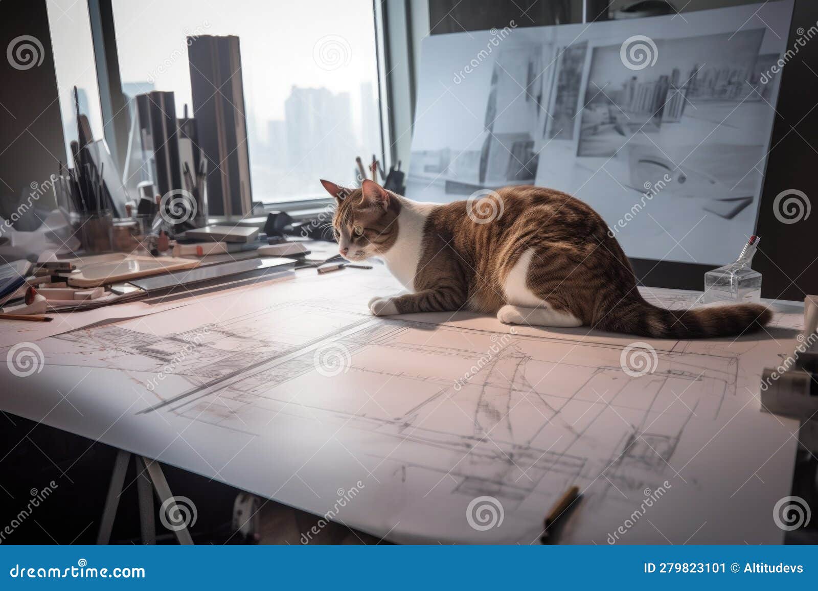 Cat Sits at Drafting Table, Sketching Out the Design for Futuristic ...