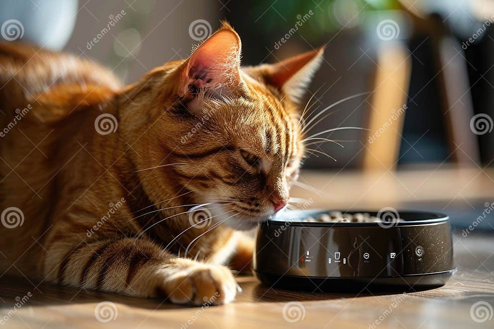 Cat Sitting by Automatic Feeder in Modern Kitchen with Dish of Food ...