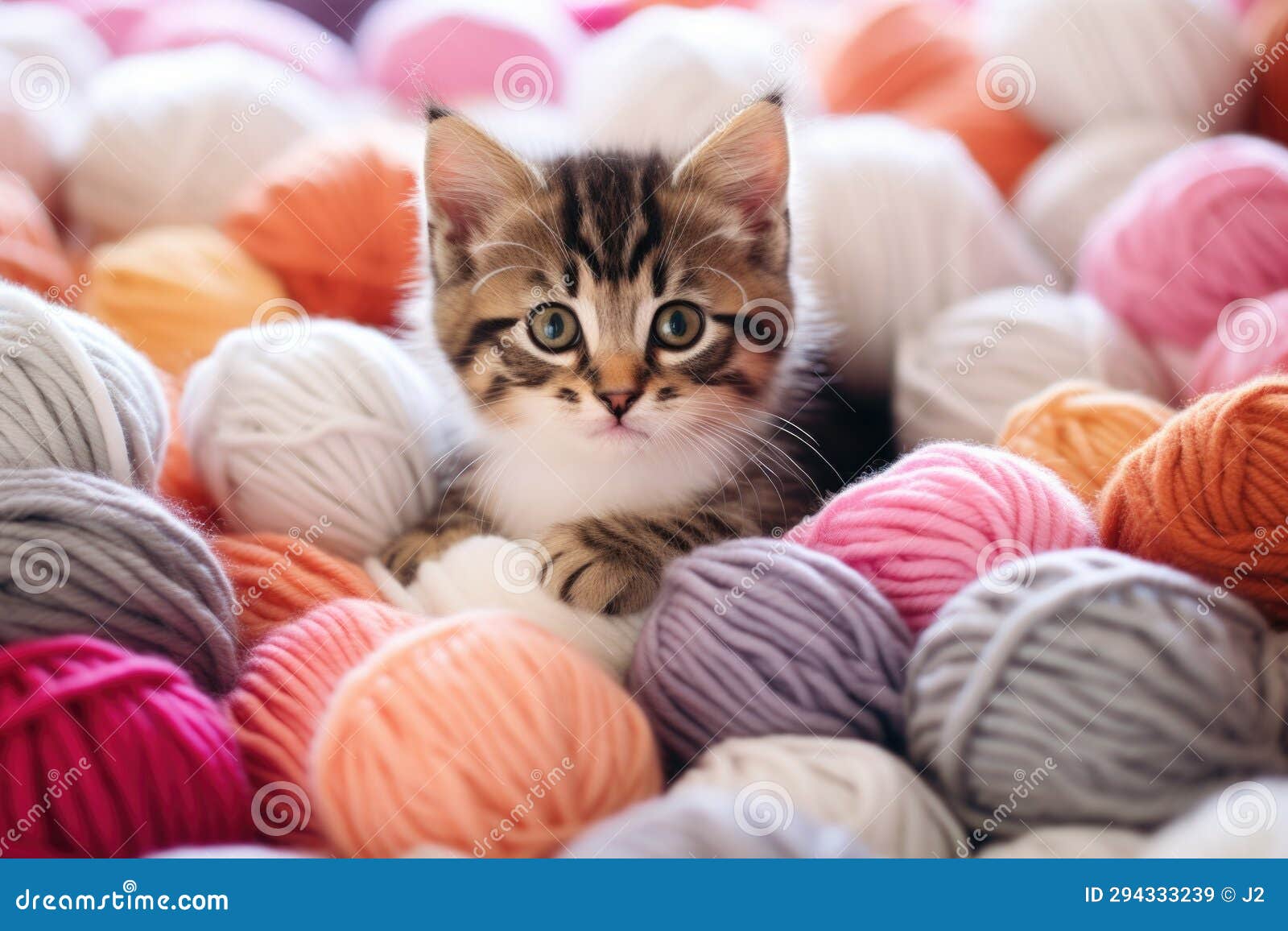 The Cat is Sitting among Balls of Thread. Stock Image - Image of cute ...