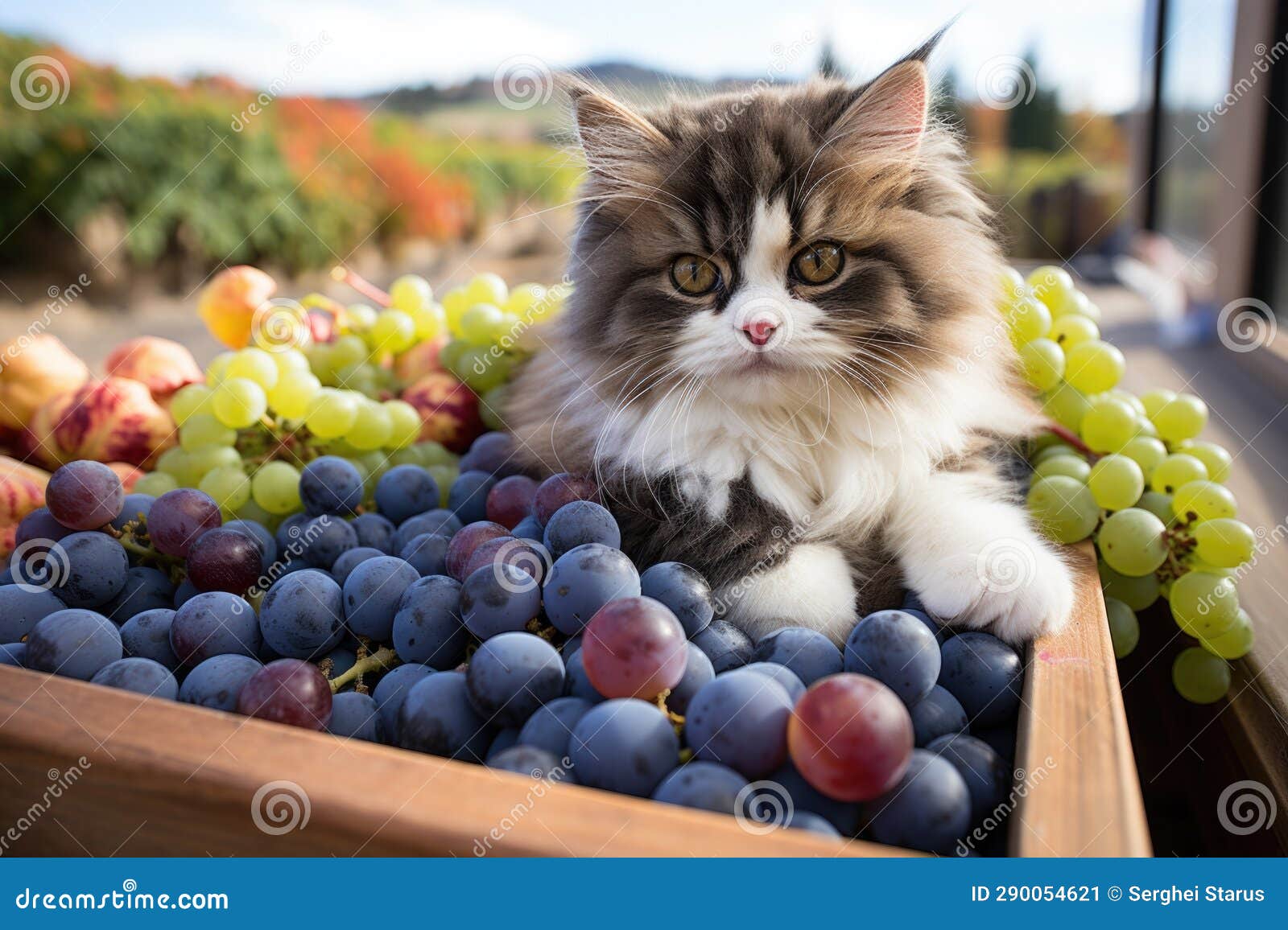 A Cat Sitting in a Basket of Grapes, AI Stock Image - Image of wood ...