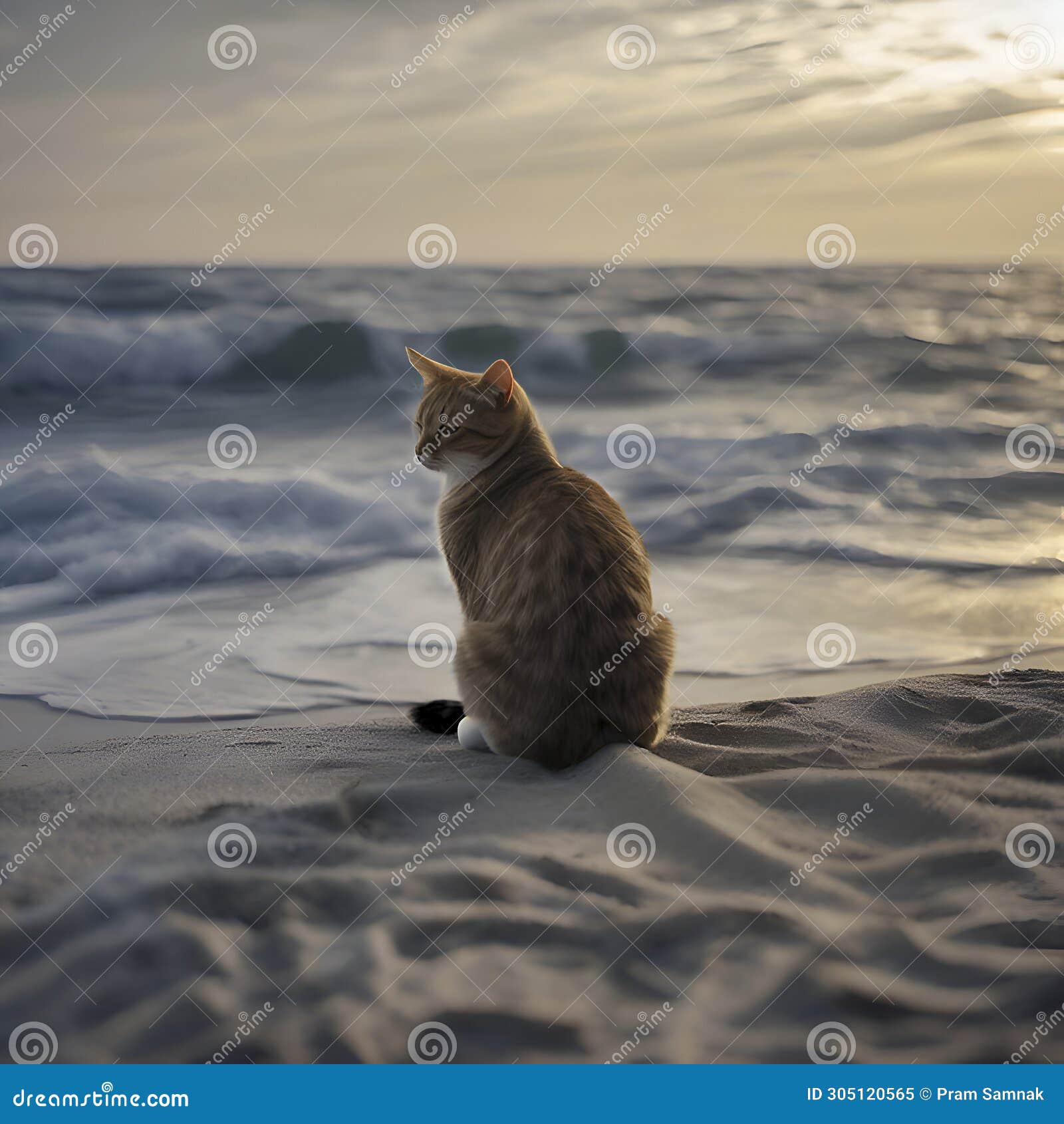 A Cat is Sitting on the Beach Watching the Blue Waves. AI-generated ...