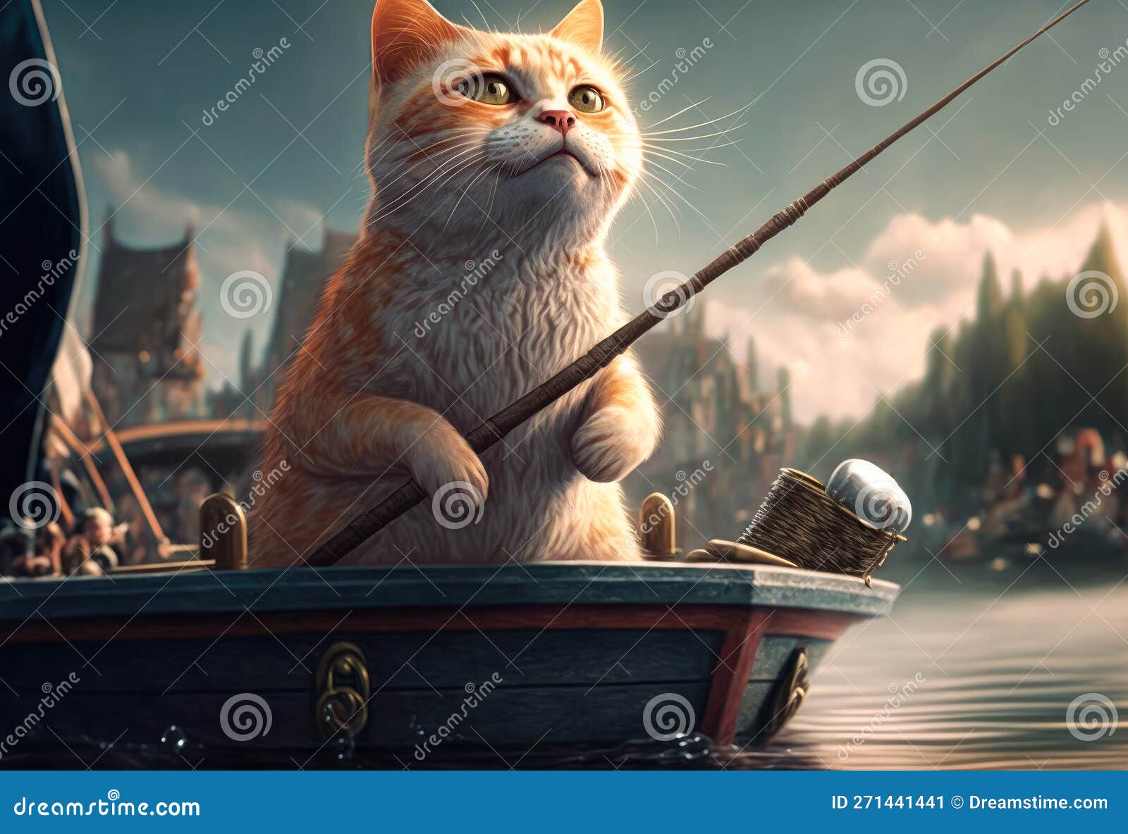 A Cat Sitting in a Boat and Fishing Using a Fishing Rod. Created with ...