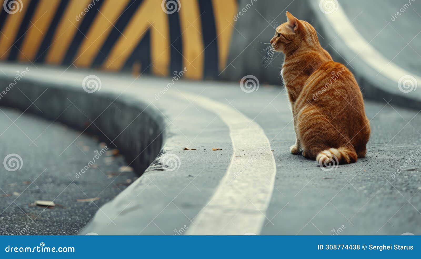 A Cat Sitting on the Edge of a Road Looking at Something, AI Stock ...
