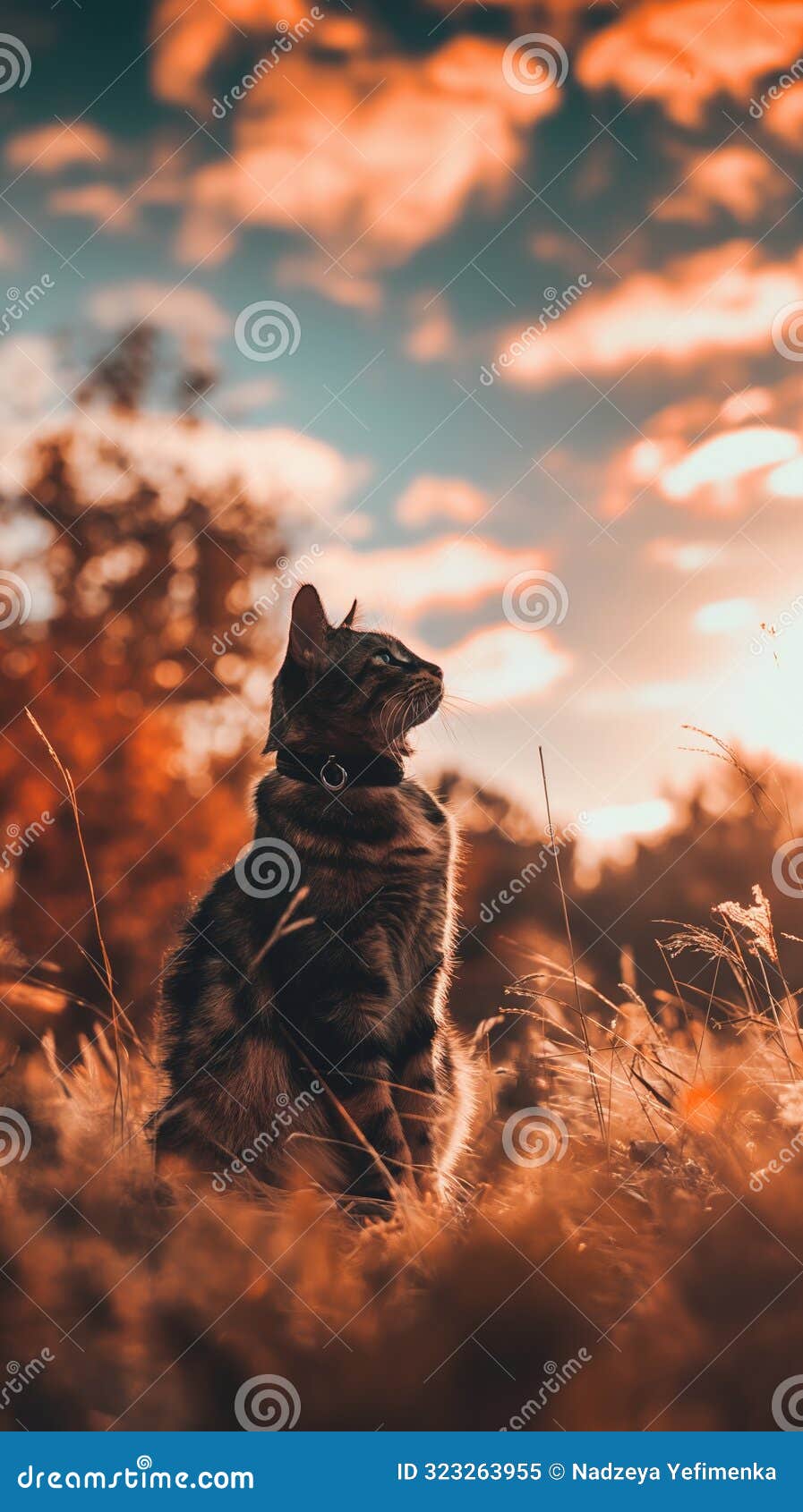 Cat Sitting in a Field at Sunset with a Dramatic Sky Backdrop Stock ...