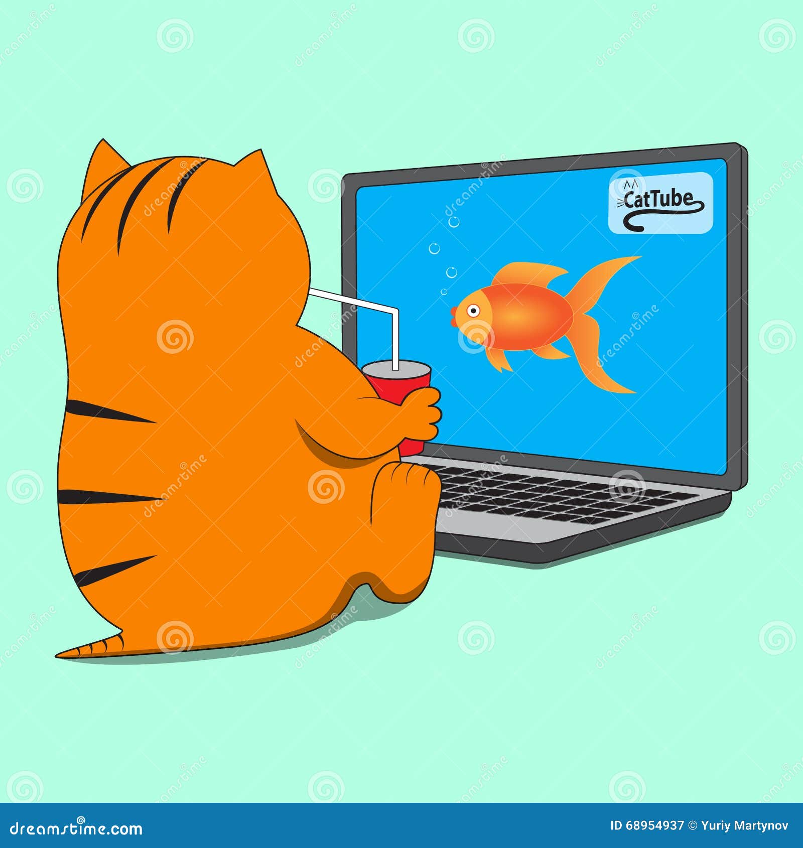 Cat Sitting In Front Of Computer With Cup Of Drink. Cartoon Vector ...