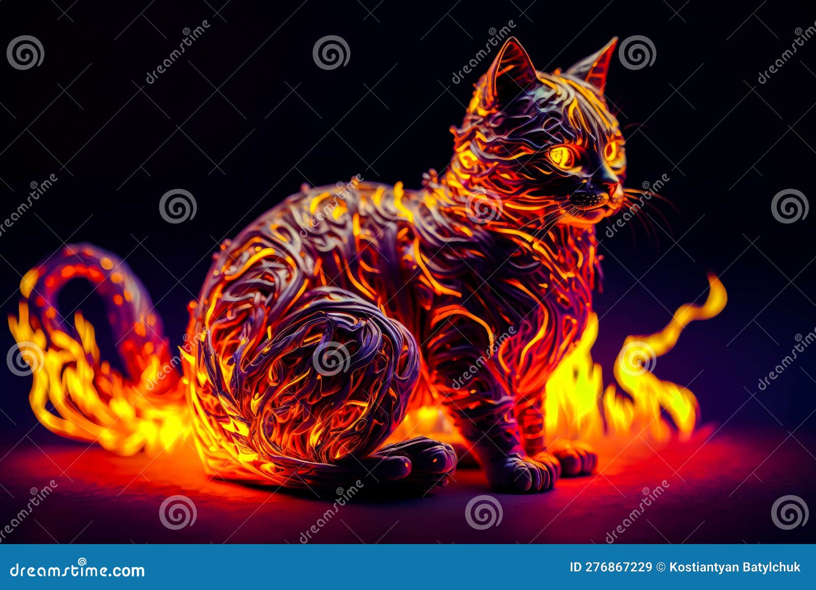 Cat Sitting in Front of Fire on Black Background with Red and Yellow ...