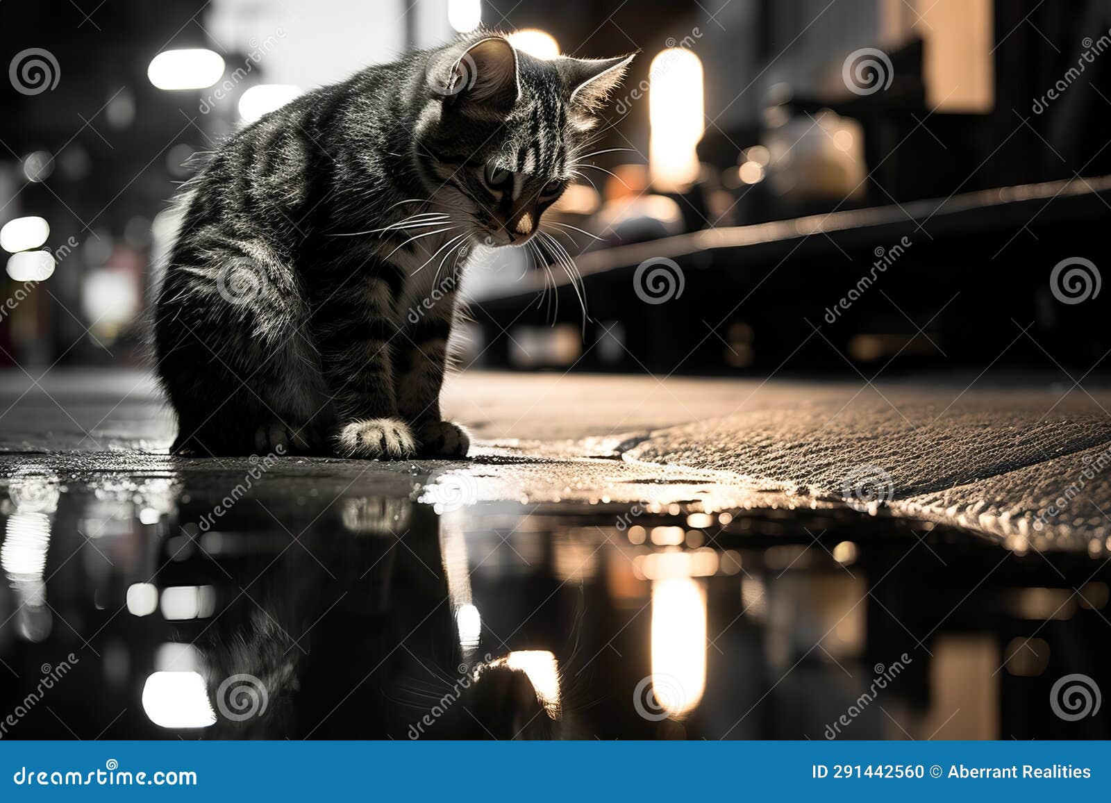 A Cat Sitting on the Ground Looking at a Puddle Stock Illustration ...