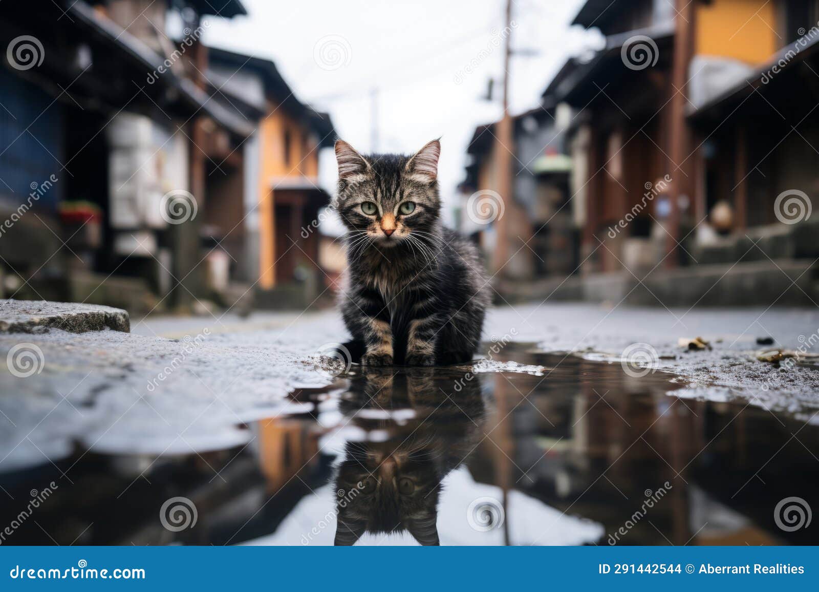A Cat Sitting on the Ground in a Puddle Stock Illustration ...